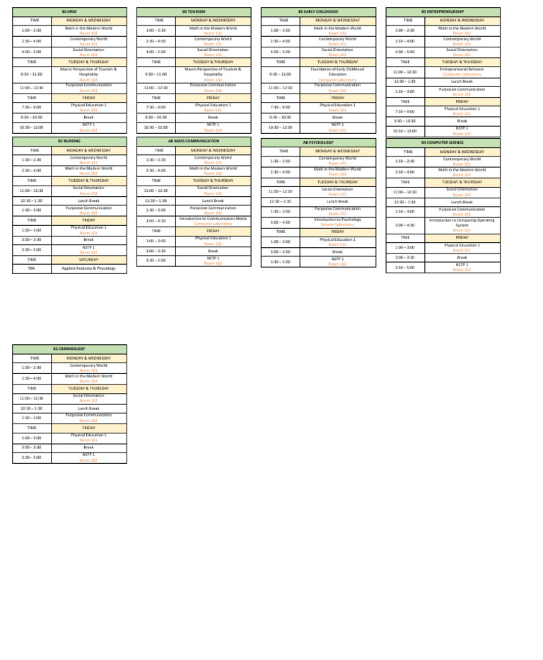 College Final Class Schedule | PDF | Behavioural Sciences | Psychology
