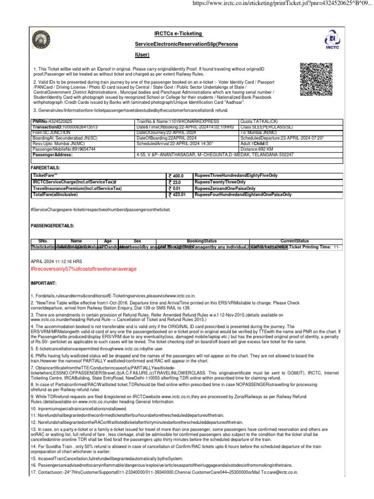 Train Ticket (1) | PDF | Identity Document | Government And Personhood