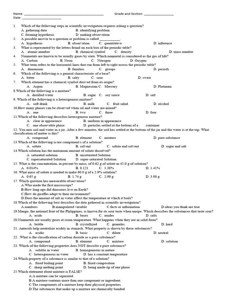 Grade 7 Science Review Quiz | PDF | Mixture | Solubility