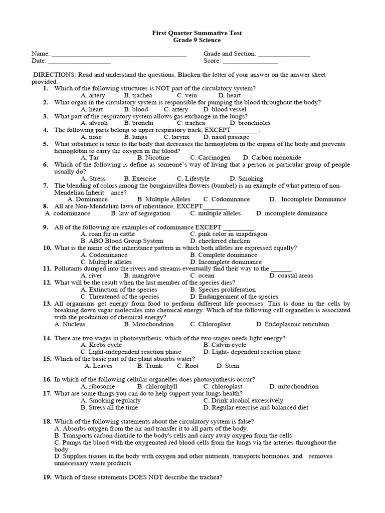 Grade 9 Science Review Quiz | PDF | Respiratory System | Lung