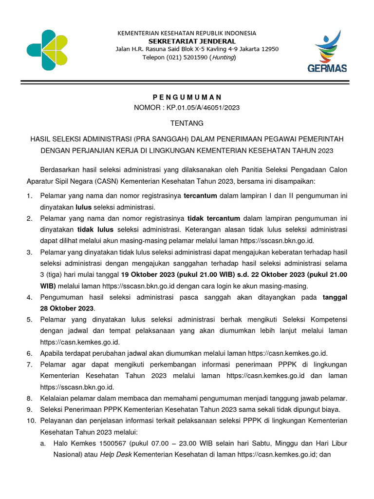 Pengumuman Hasil Seleksi Administrasi PRA SANGGAH PPPK | PDF