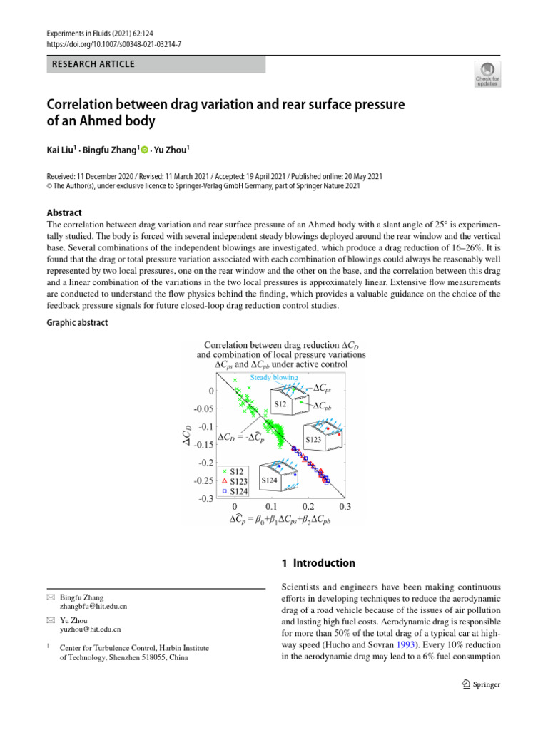 Liu Et Al 2021 Correlation Between Drag Variation And Rear Surface Pressure Of An Ahmed Body