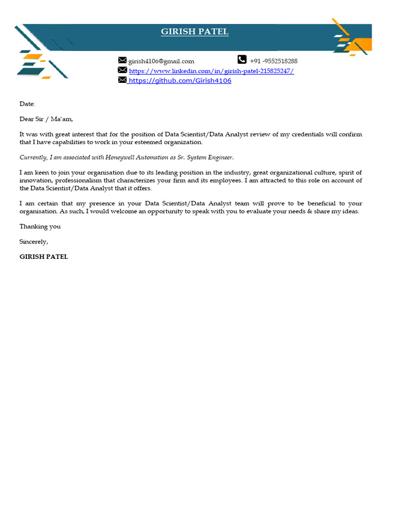 Girish Patel - Cover Letter and Revised Resume - 15 April 2024 | PDF | Machine Learning | Market ...