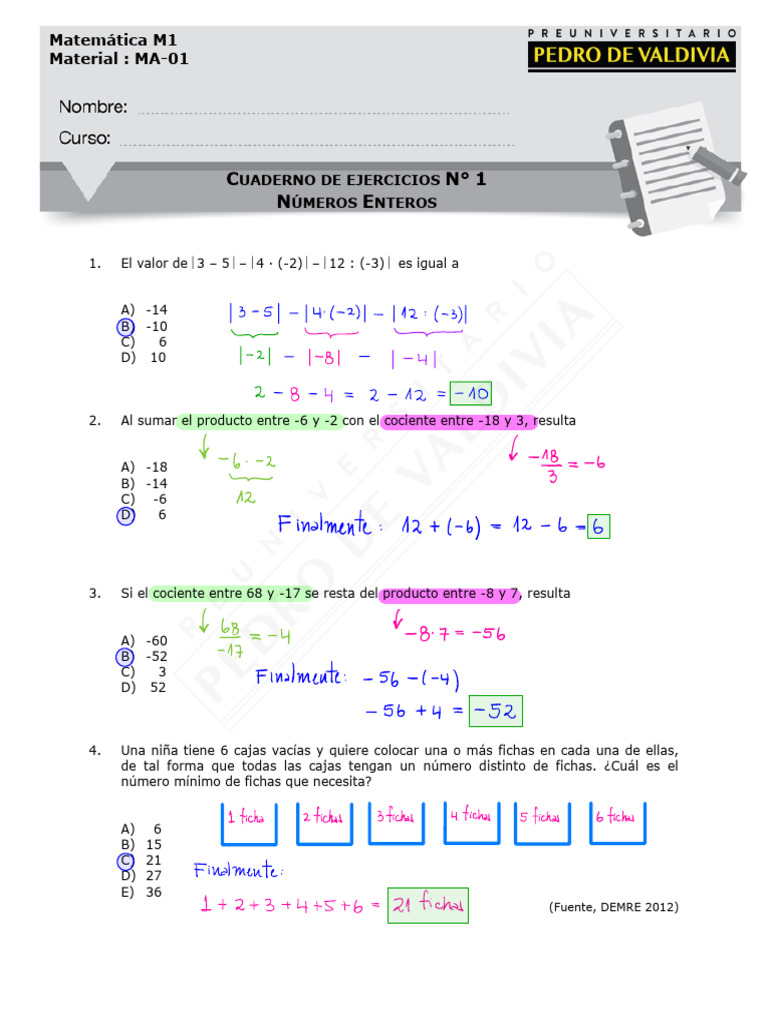 2908 Ma01 Números Enteros 2024 Pdf División Matemáticas