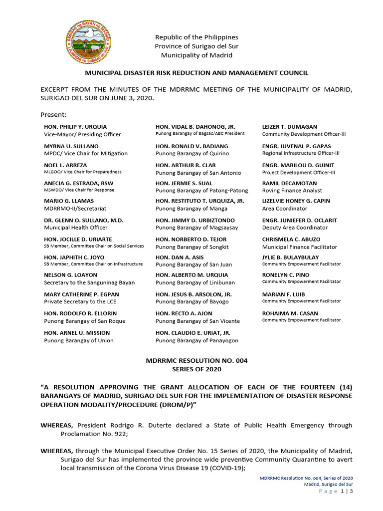 DROMP - MDRRMC Resolution 004 - Approving Allocation Per Barangay | PDF ...