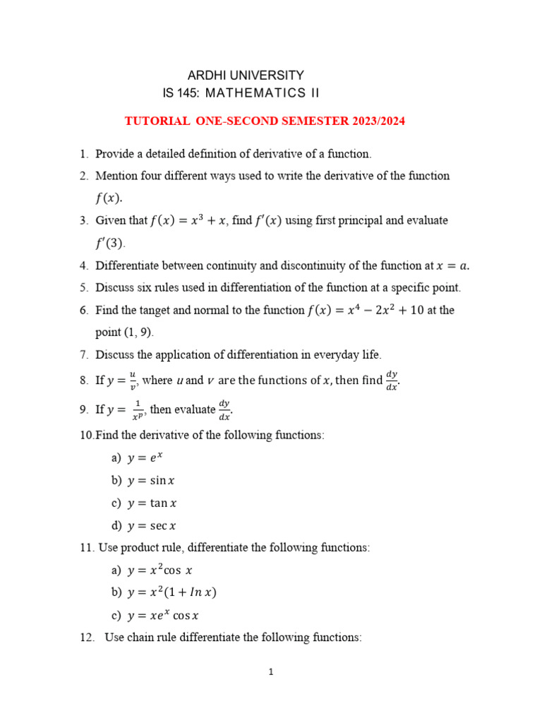 Mathematics II Tutorial: Derivatives & Applications | PDF | Derivative ...