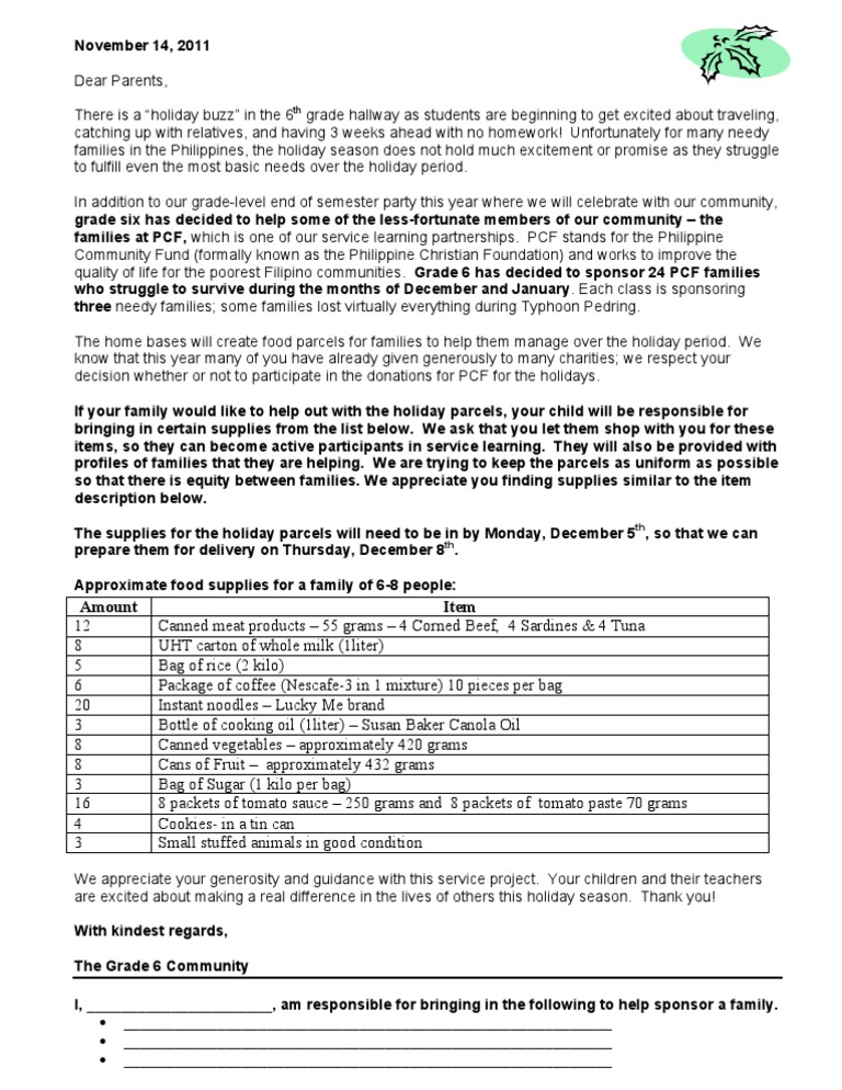 PCF Parent Letter | PDF | Food And Drink | Foods