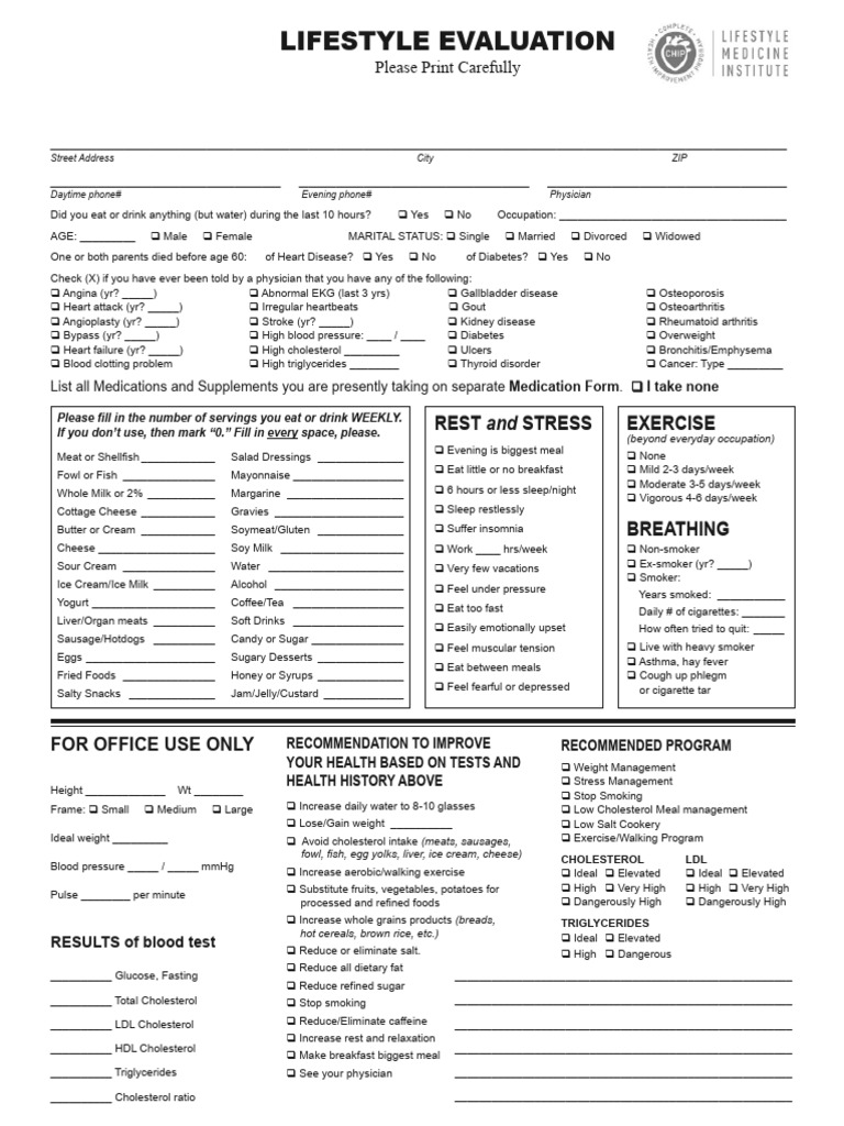 Lifestyle evaluation form | PDF | Cholesterol | Fat