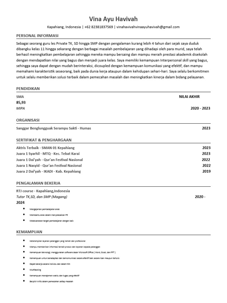 CV Vina Ayu Havivah | PDF