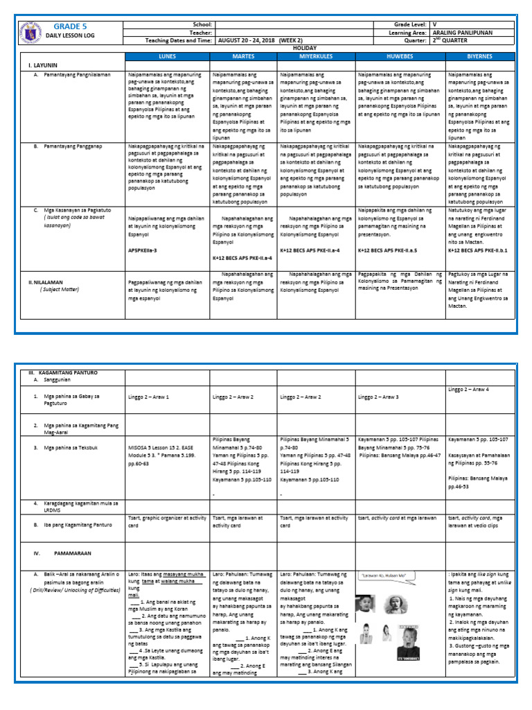 DLL g5 q2 Week 2 All Subjects (Mam Inkay Peralta) | PDF