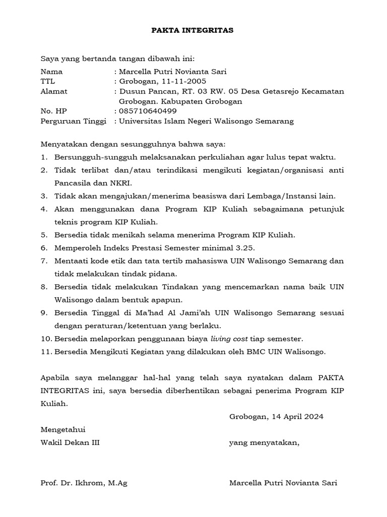 Pakta Integritas Mahasiswa KIP Kuliah | PDF