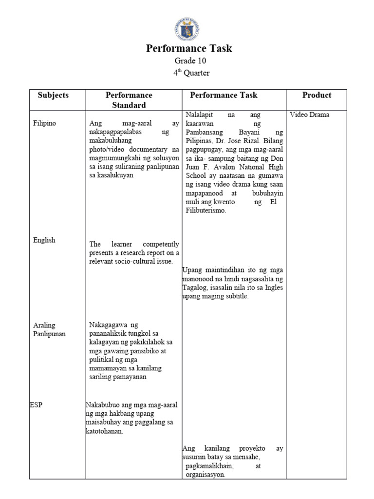 Performance Task Grade 10 | PDF