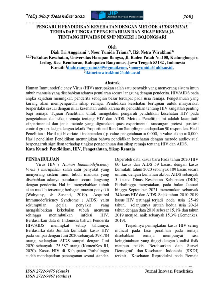 Vol.3 No.7 Desember 2022 7083: Nooryunida@uhb - Ac.id Ikitnetrawirakhmi@uhb - Ac.id | PDF