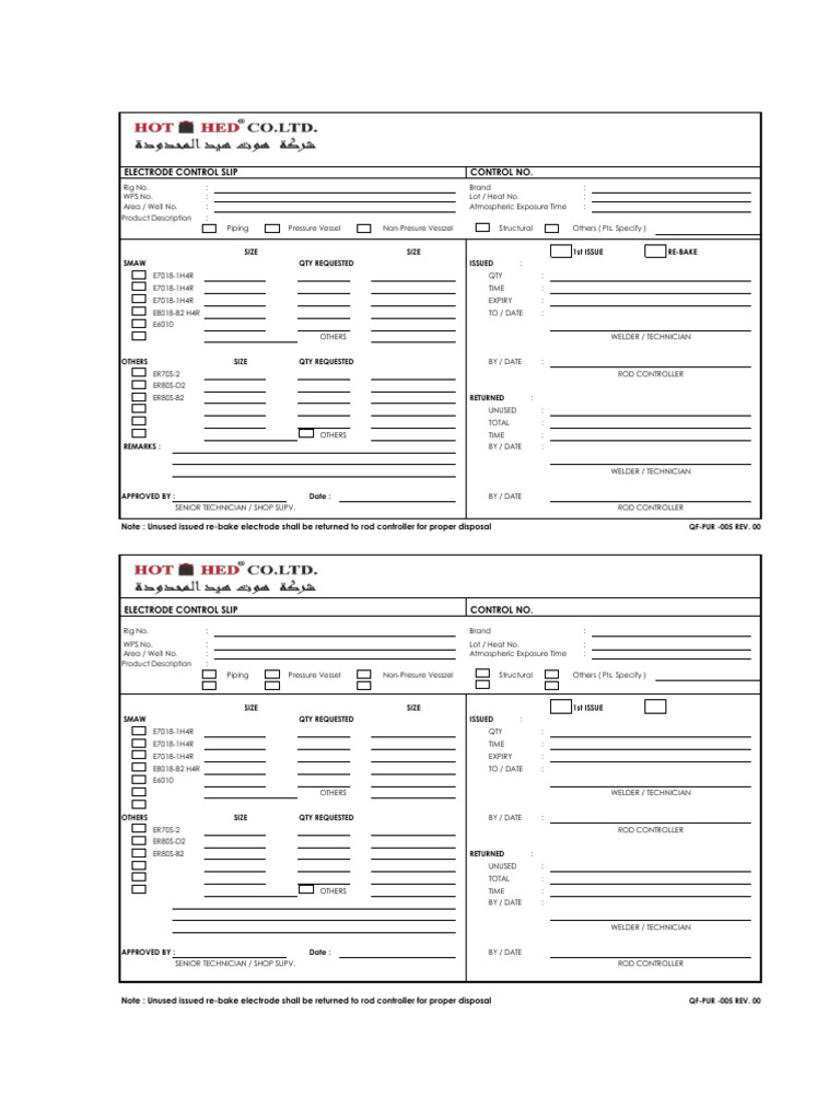 ELECTRODE CONTROL SLIP | PDF | Welding | Construction