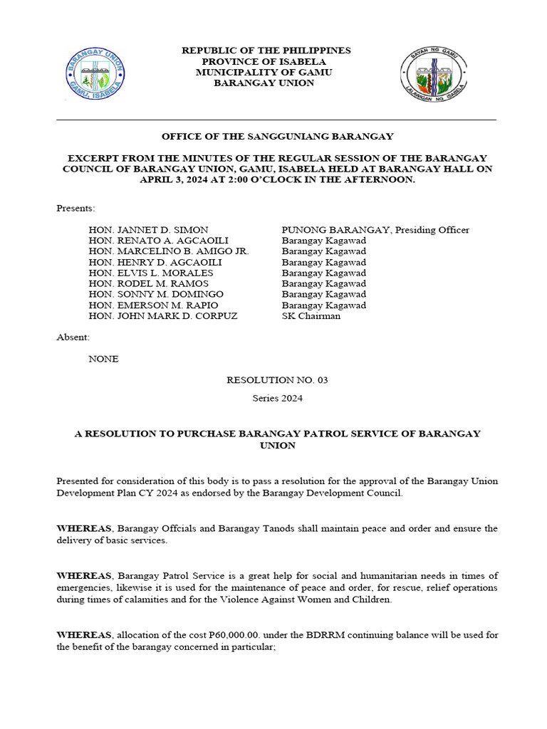 Resolution On Barangay Patrol | PDF | Government