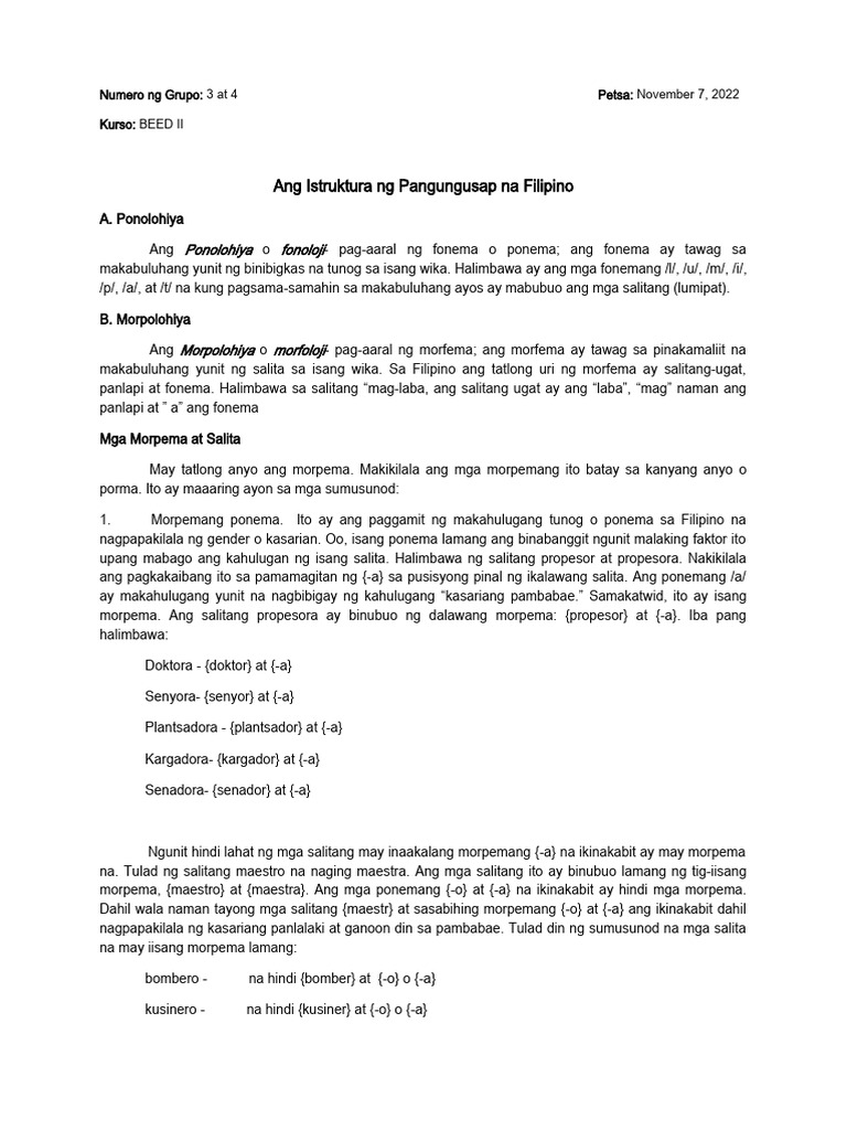 Ang Istruktura NG Pangungusap Na Filipino: Ponolohiya Fonoloji | PDF