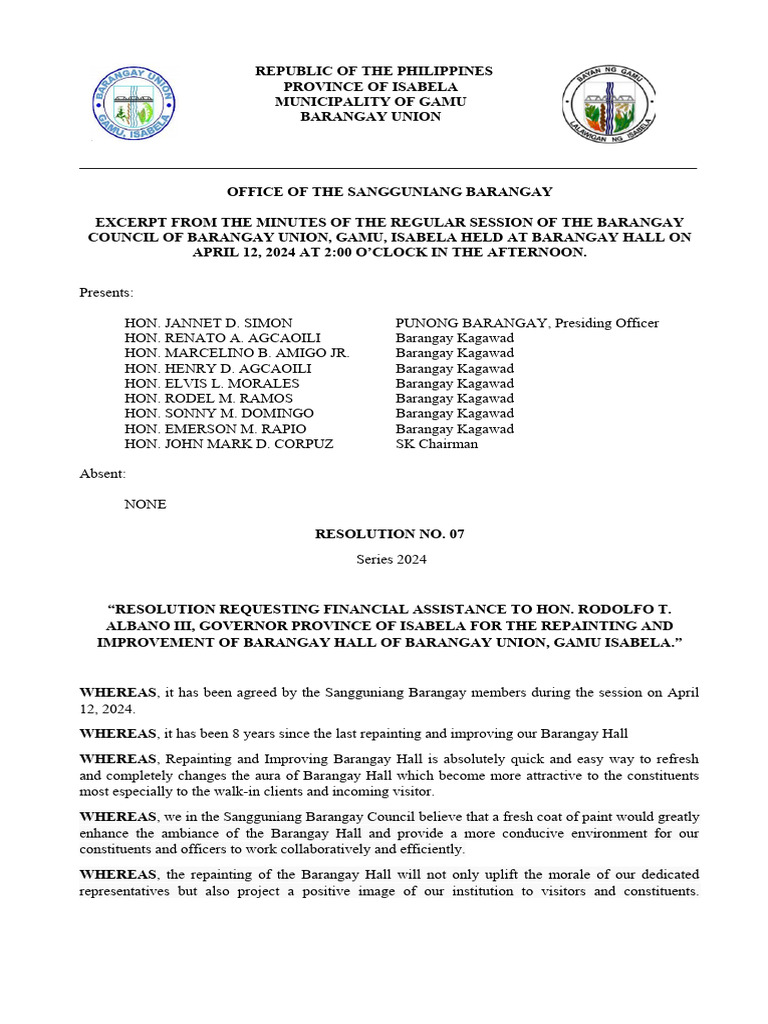 Resolution On Repainting of Barangay Hall | PDF | Government