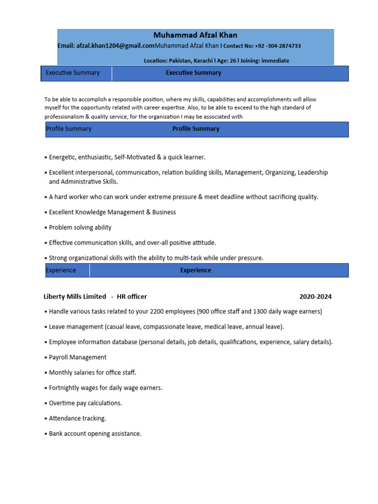 MD Afzal Khan Word - Resume | PDF | Salary | Business