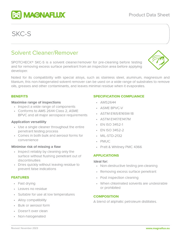 SKC-S-PDS Magnaflux Cleaner, Remover, Spray | PDF | Solvent | Physical ...