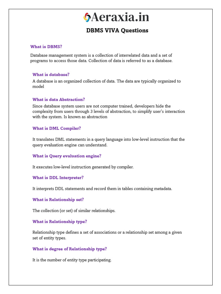 DBMS Viva Questions Aeraxia - in | PDF | Databases | Relational Database
