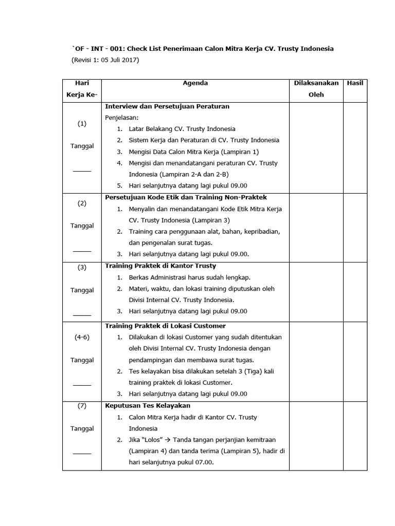 Checklist Penerimaan Mitra CV Trusty | PDF | Karier & Perkembangan | Bisnis