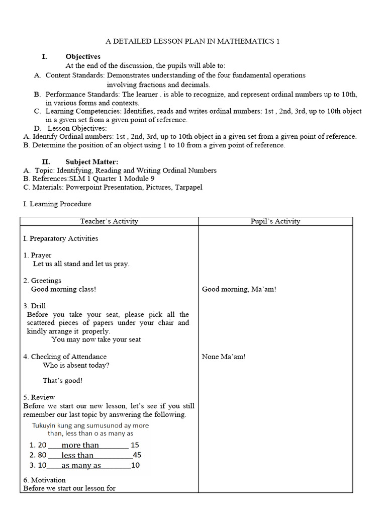 Ordinal Numbers Lesson Plan for Grade 1 | PDF | Learning | Cognition