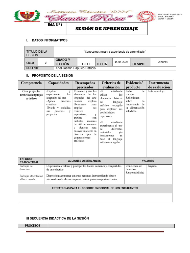 1ro E Sesión 1 Semana 1rodocx | PDF | Evaluación | Aprendizaje