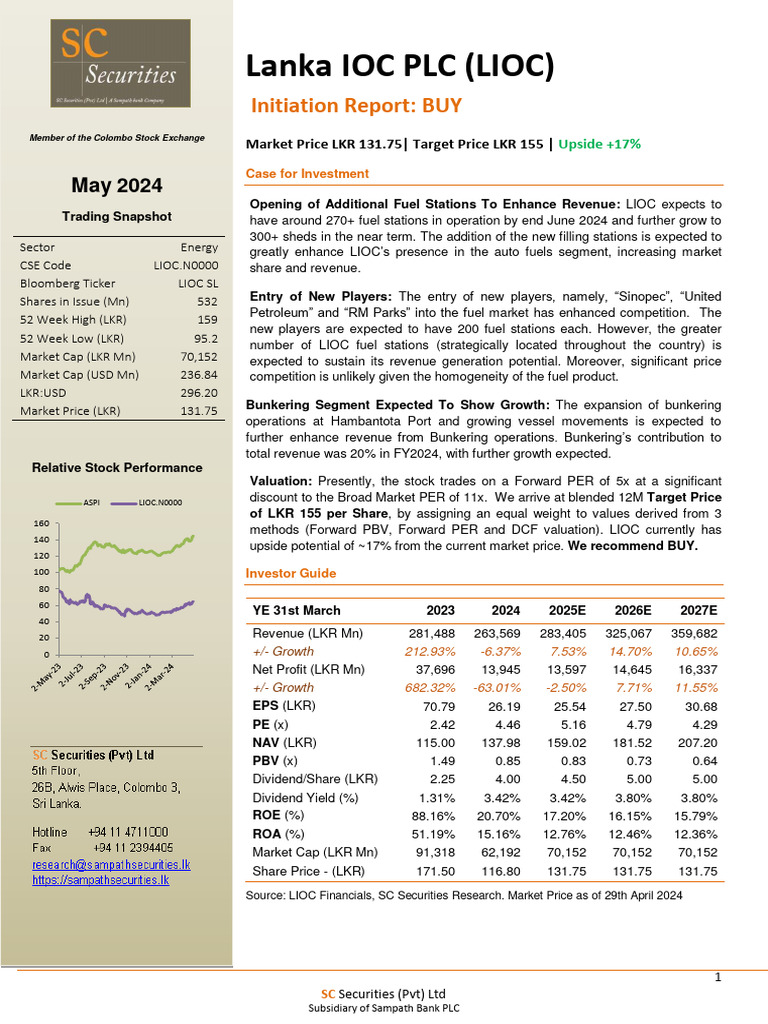 Lanka IOC - Initiation Report - 03.05.2024 | PDF | Price Of Oil | Economies