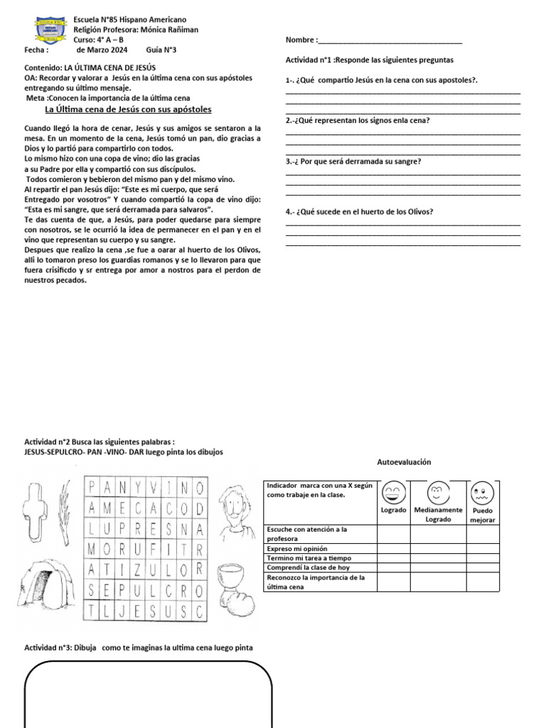 Actividades sobre la Última Cena para Niños | PDF | Última cena | Jesús