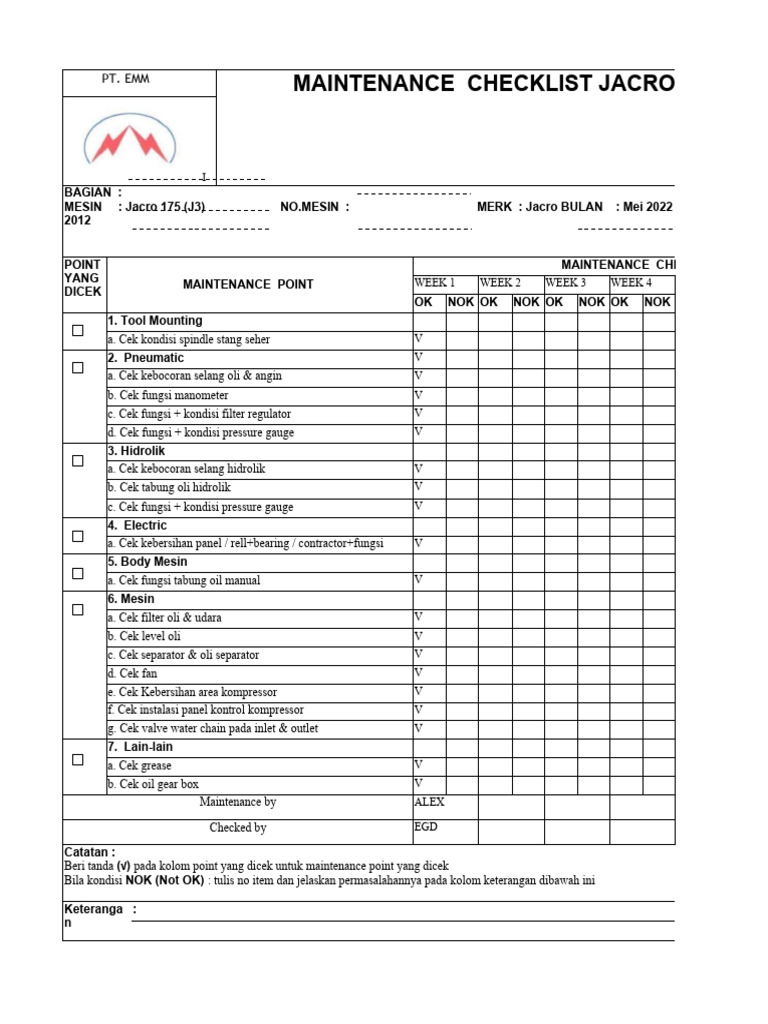 Checklist Maintanace Mesin Jacro 3 | PDF | Bisnis | Komputer