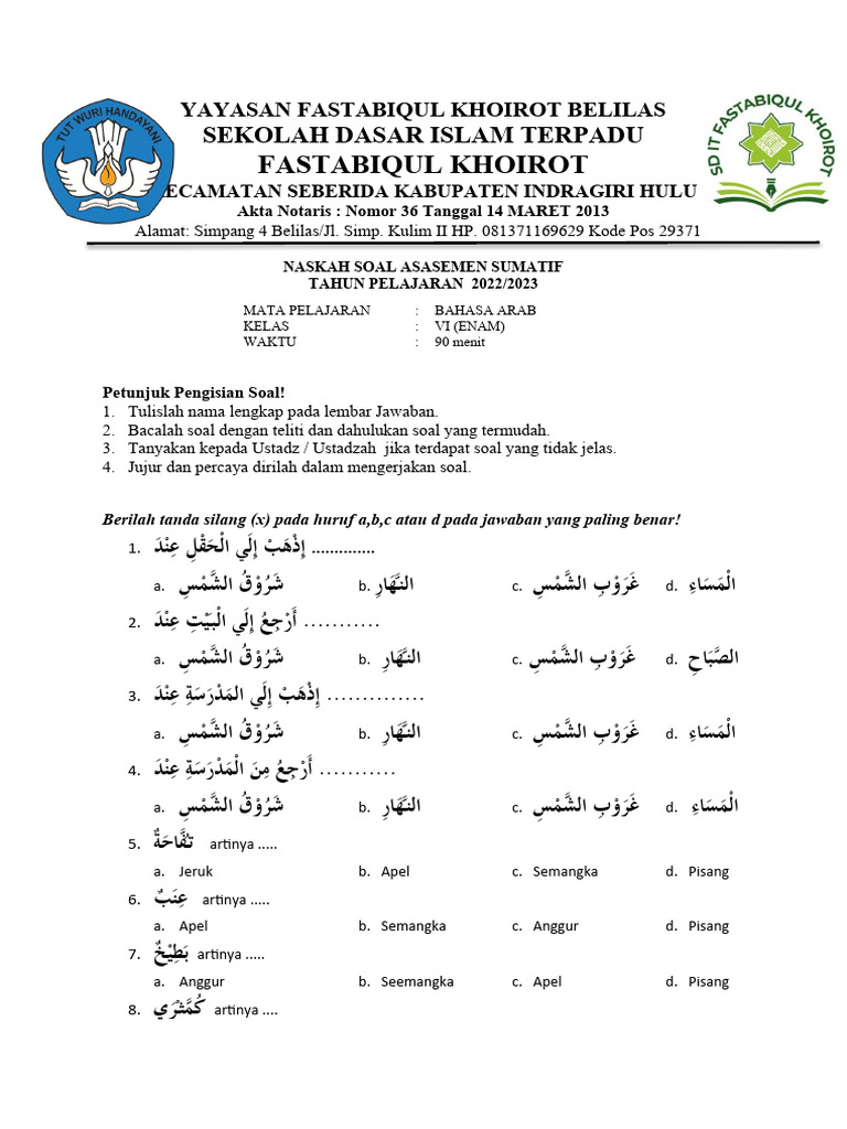 Soal Bahasa Arab Kelas 6 2023 | PDF