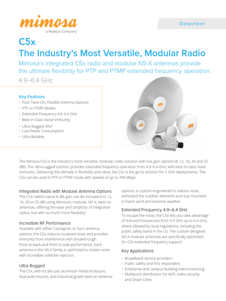 Mimosa Radisys C5x Datasheet - DS 2024 01 IP67 | PDF | Wi Fi | Antenna ...