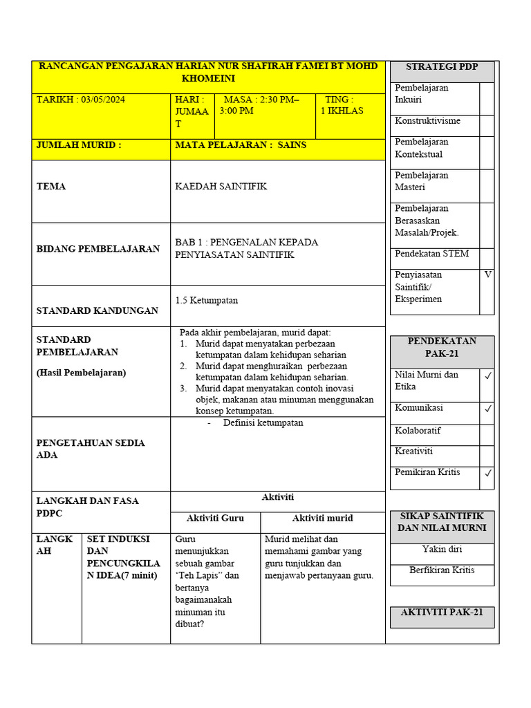 Rancangan Pengajaran Sains Ketumpatan | PDF