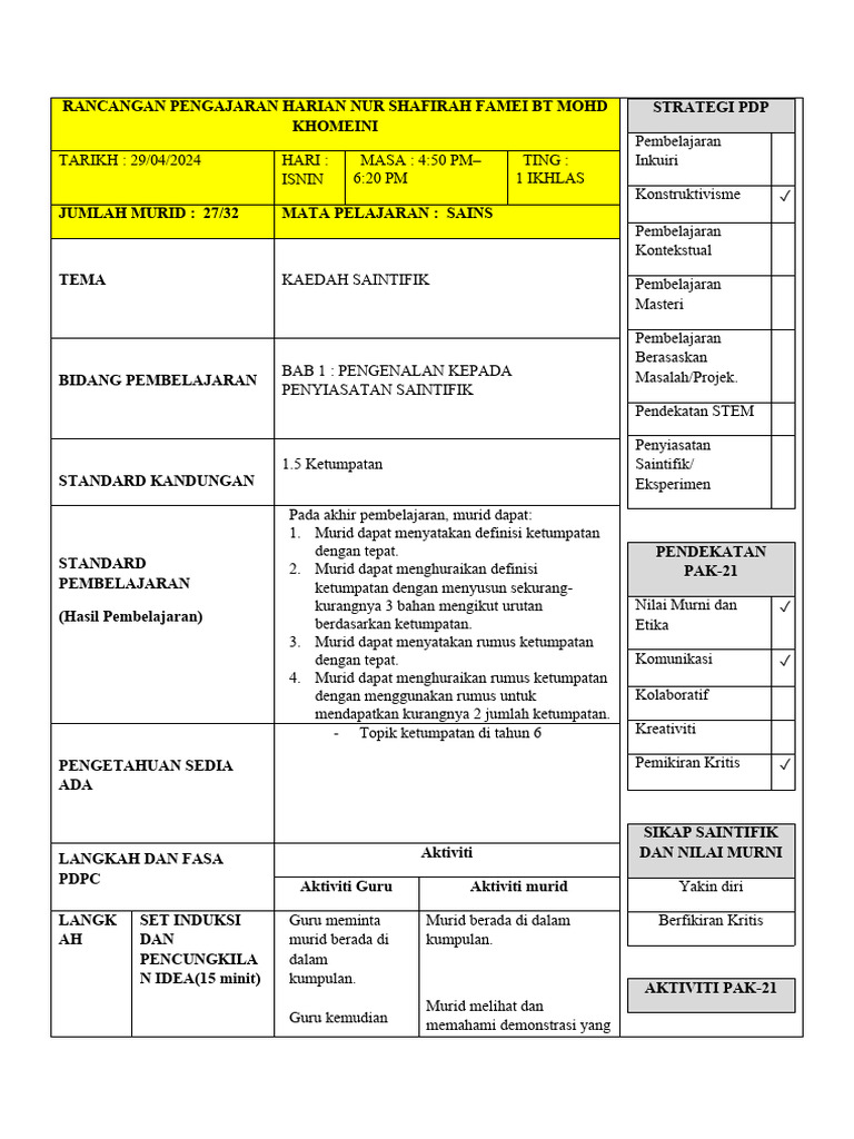 Contoh RPH Tingkatan 1 | PDF