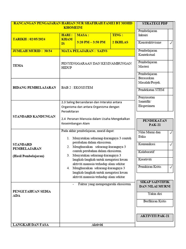 Contoh RPH Tingkatan 2 | PDF