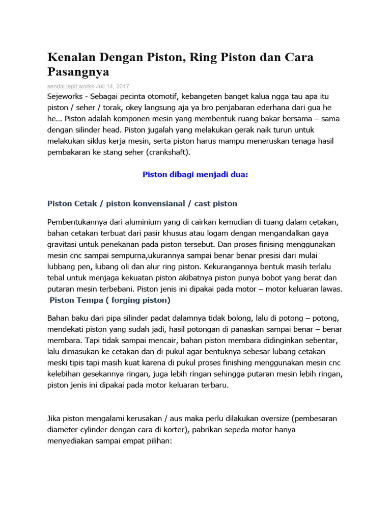 Piston dan Ring Piston: Panduan Pasang | PDF
