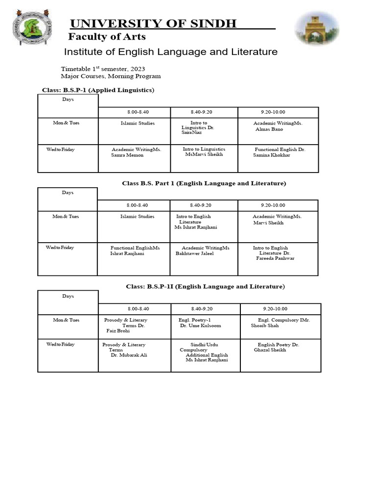 Time Table 1st Semester 2023 PDF | PDF | Human Communication | Linguistics