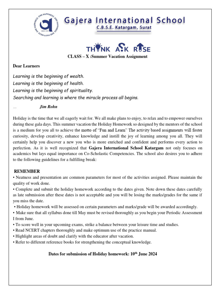 Summer Vacation Assignment Grade - X (24 -25) | PDF