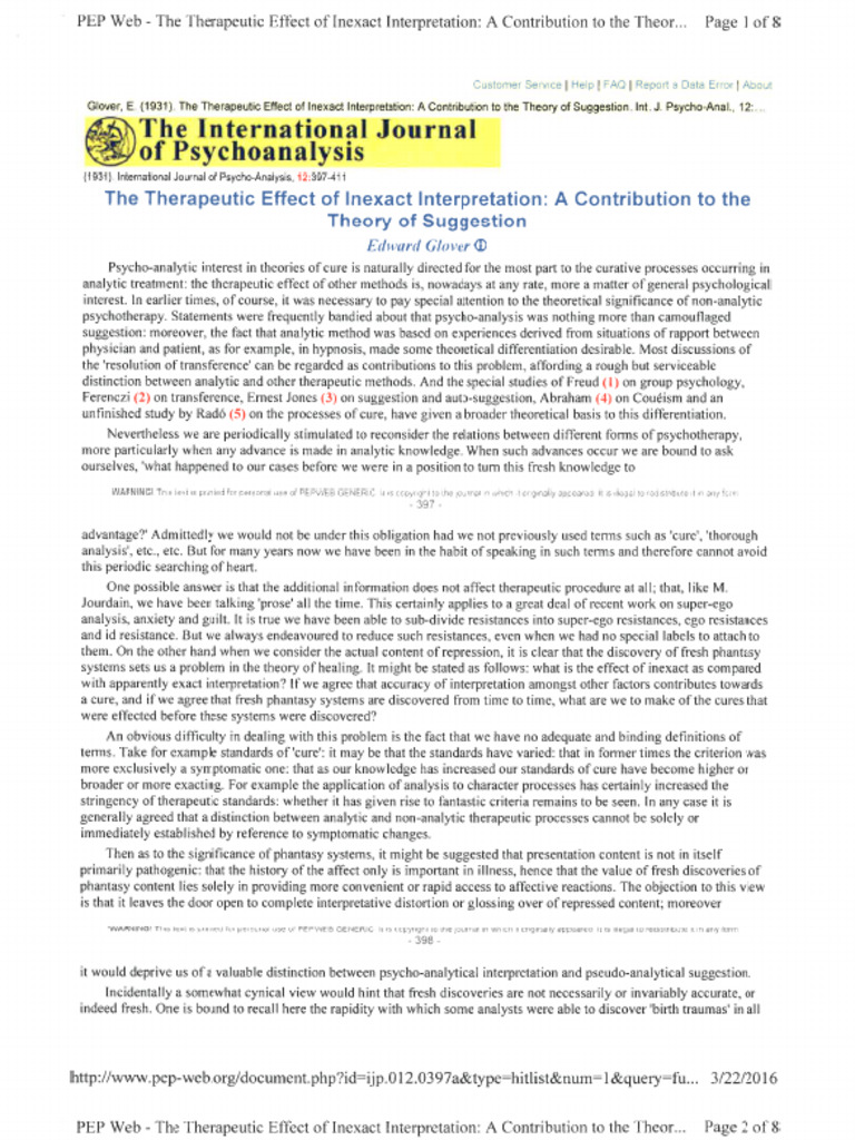 Glover Edward The Therapeutic Effect of Inexact Interpretation | PDF