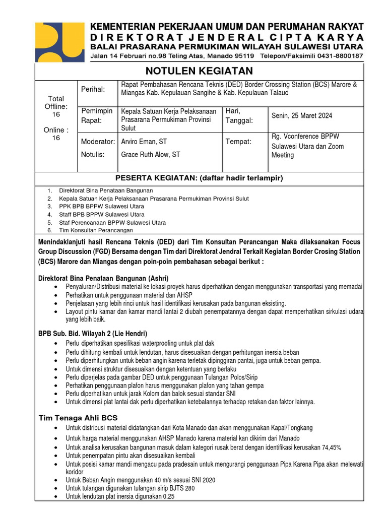 NOTULEN RAPAT PEMBAHASAN DED BCS MARORE MIANGAS 25 Maret 2024 | PDF