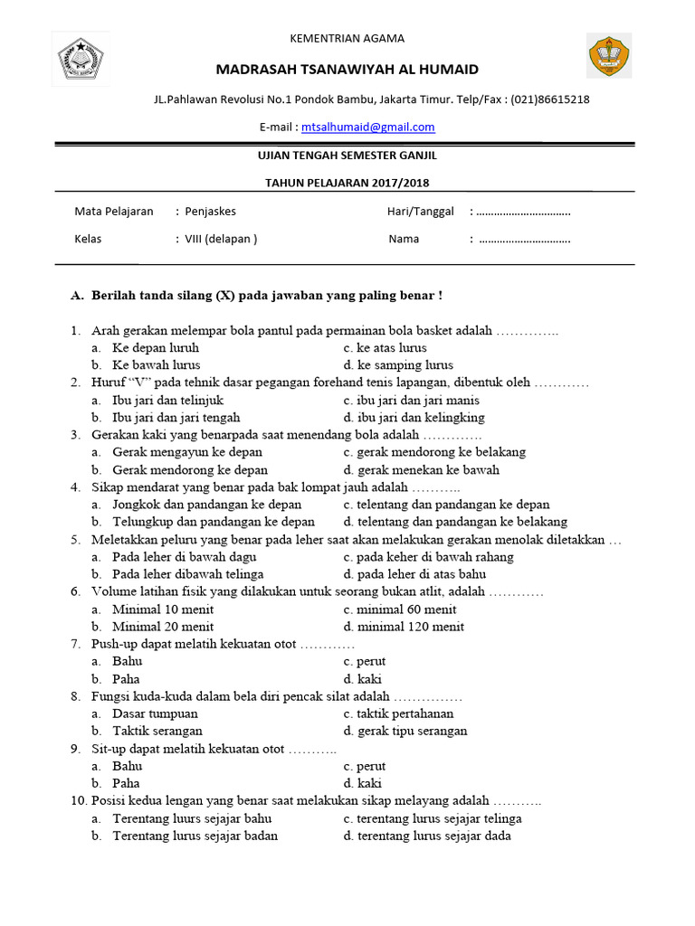 Soal Ujian Penjaskes MTs Al Humaid | PDF
