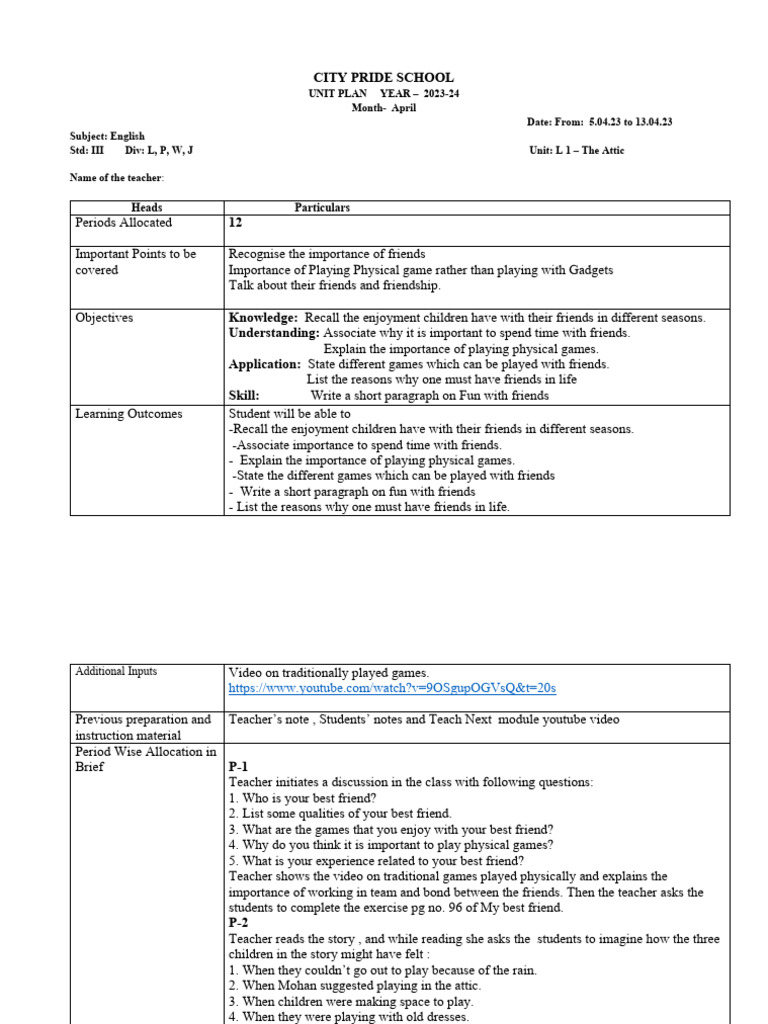 STD 3 English Unit Plan 2023 - 24 TERM I | PDF | Noun | Language Mechanics