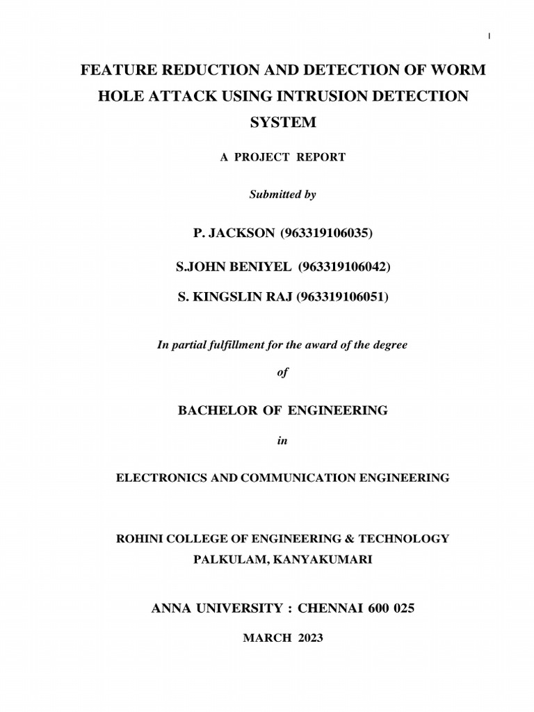 Feature Reduction and Detection of Worm Hole Attack Using Intrusion Detection System | PDF