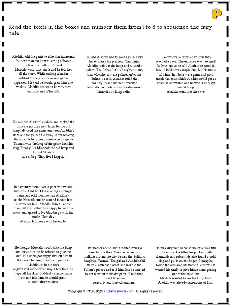 Aladdin and The Magic Lamp Esl Printable Sequencing The Story Worksheet ...