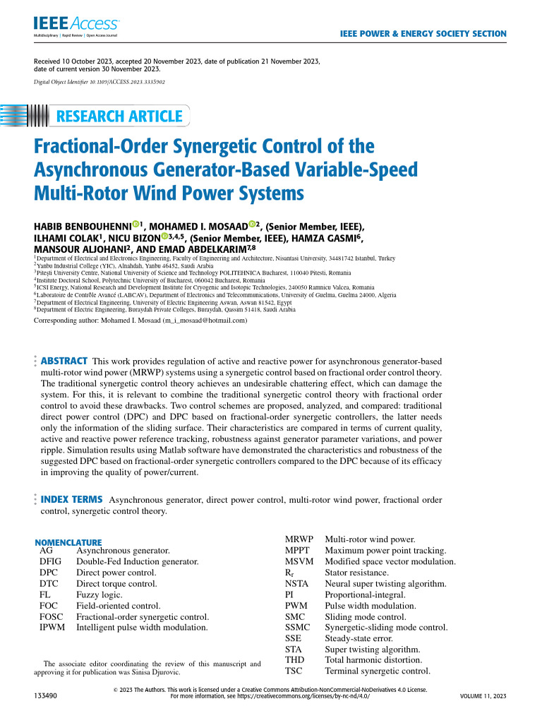 Fractional-Order Synergetic Control of The Asynchronous Generator-Based Variable-Speed Multi ...