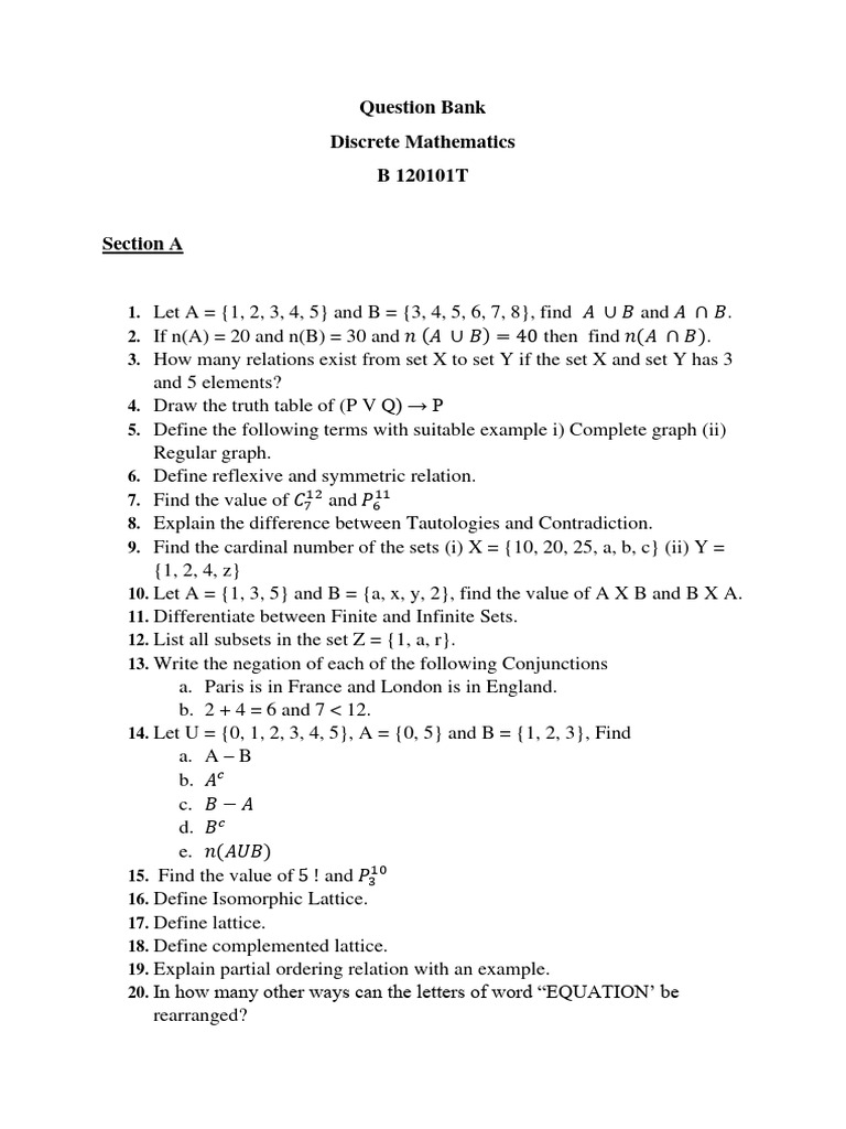 Question Bank DM | PDF | Set (Mathematics) | Mathematical Concepts