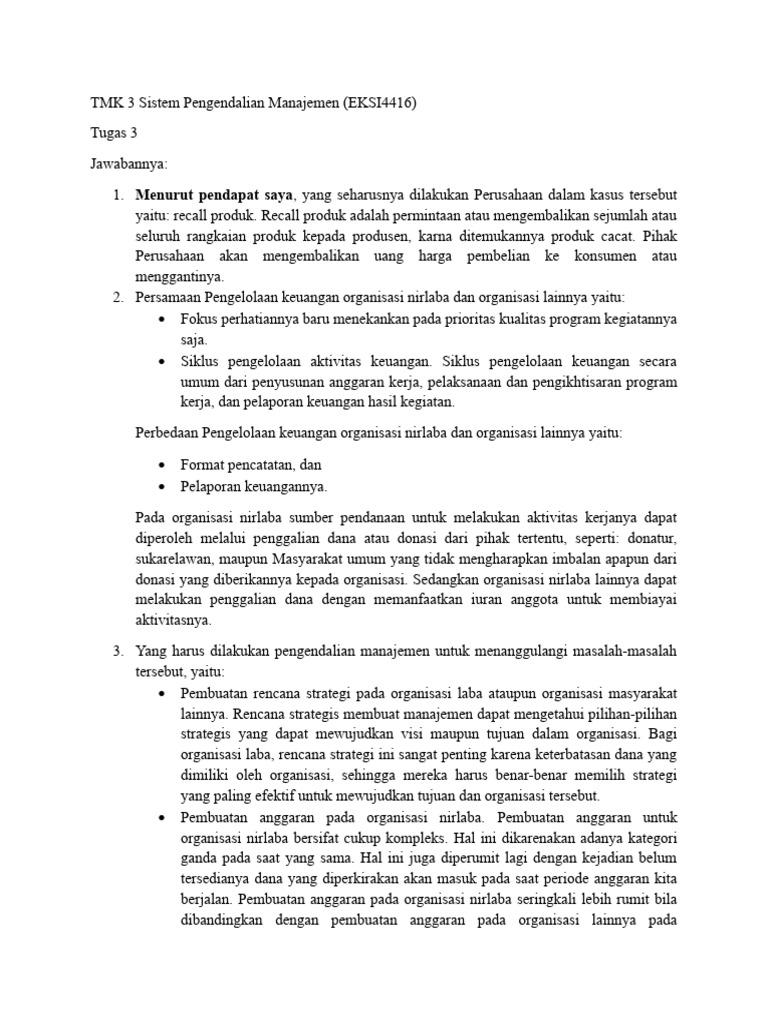 TMK 3 Sistem Pengendalian Manajemen EKSI4416 | PDF | Karier & Perkembangan | Bisnis