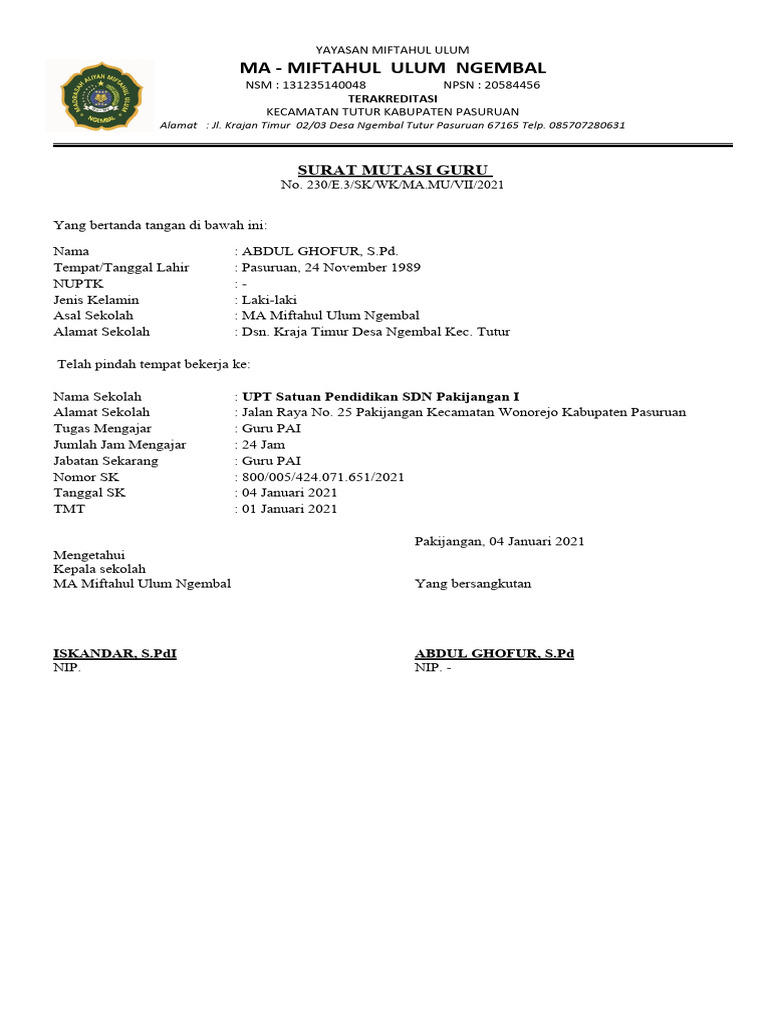Contoh Surat Mutasi Guru Dari Kepala Sekolah Asal 1 | PDF