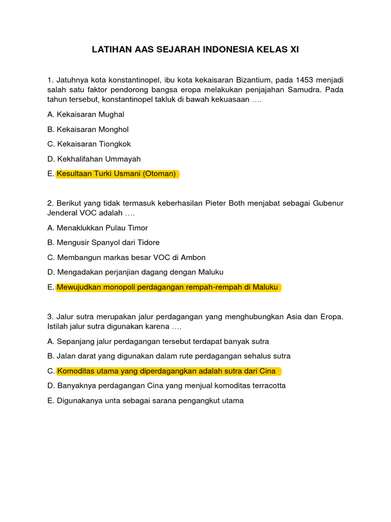 Contoh Bentuk Soal Aas Sejarah Indonesia Xi | PDF