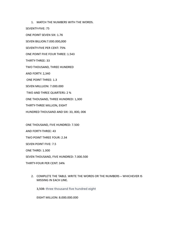 Number-Word Matching Guide | PDF | Finance & Money Management